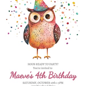 Cute Baby Owl Happy Birthday Customizable Invitation, Digital Download ...