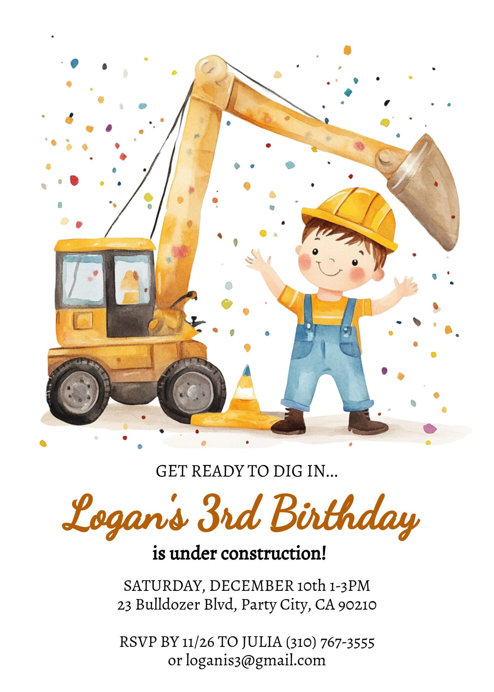 Construction Themed Toddler Birthday Customizable Invitation, Boys ...