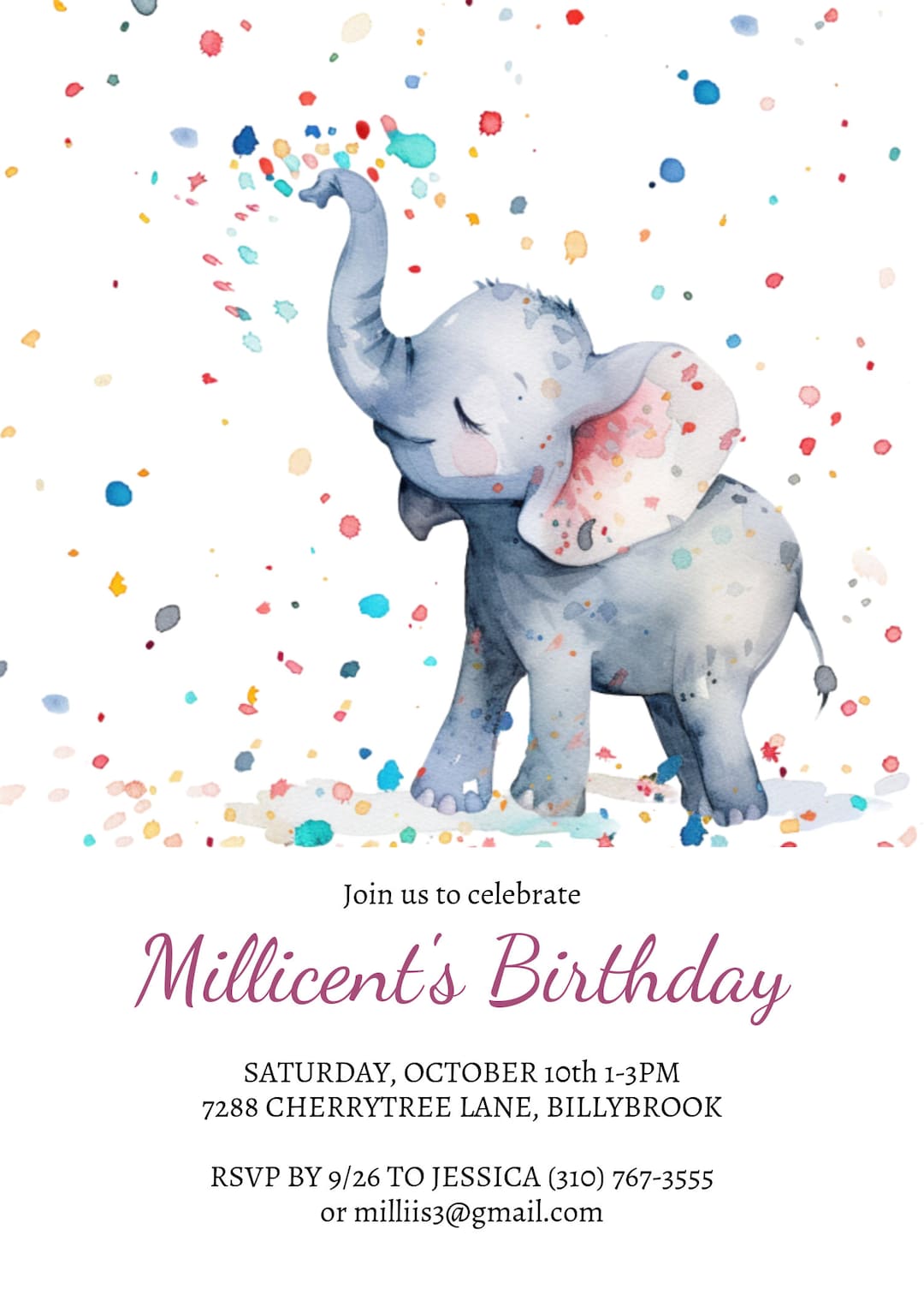 Elephant Happy Birthday Party Invitation, Customizable Kids Bday Party ...