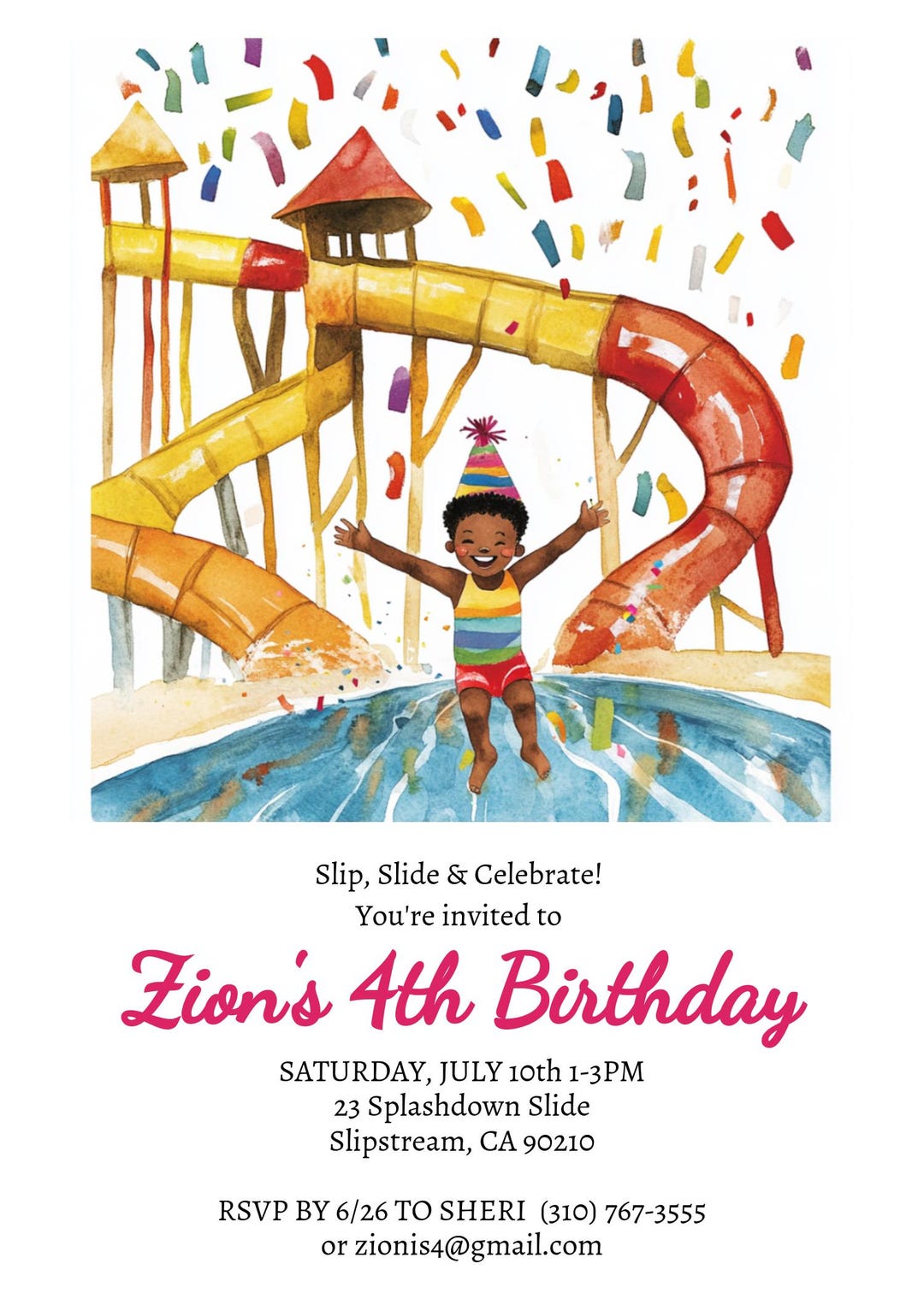 Cool Boys Waterslide Birthday Party Invitation, Kids Editable Waterpark ...