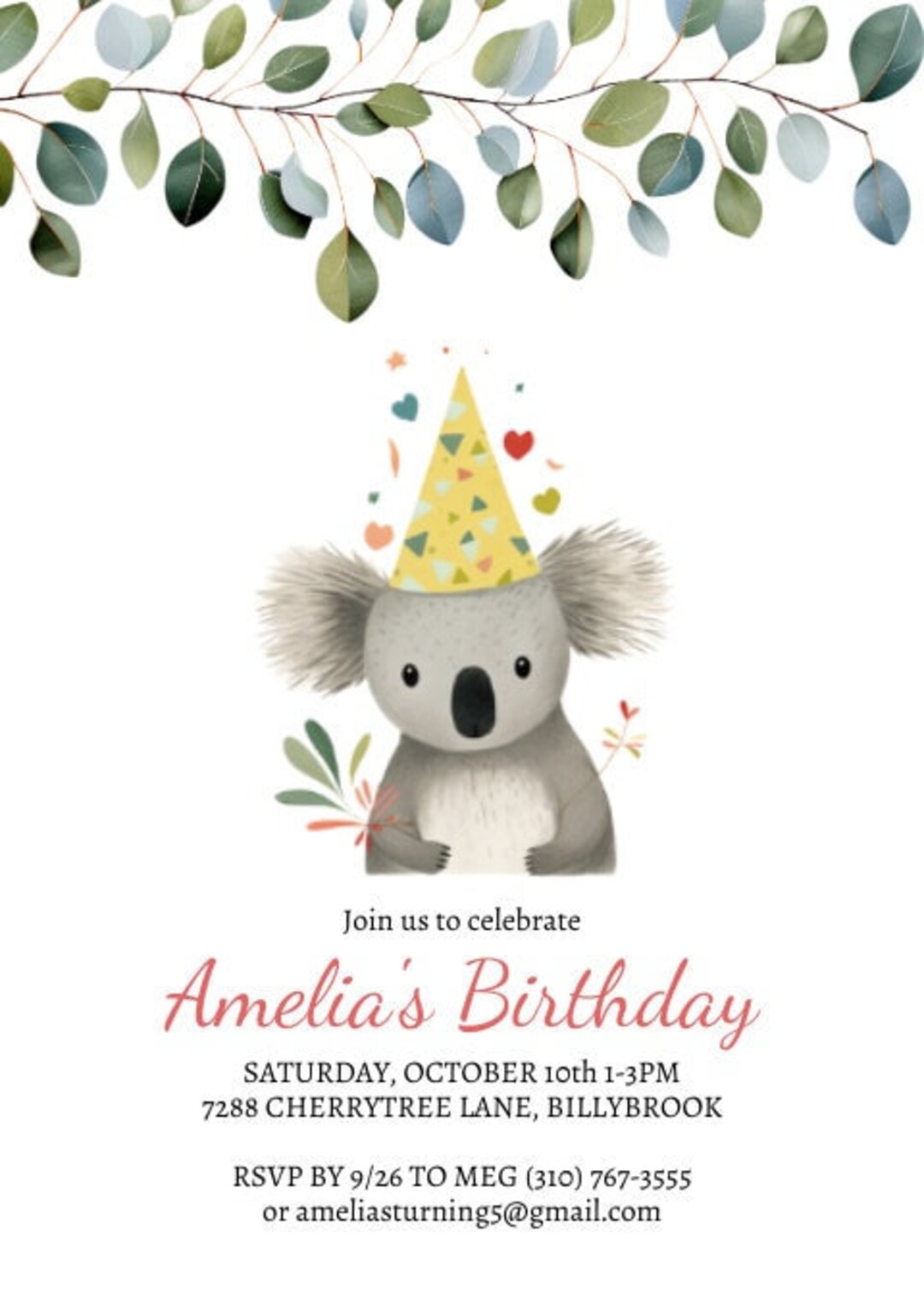 Cute Koala Birthday Bash Invite, Koala Editable Party Invite Template ...