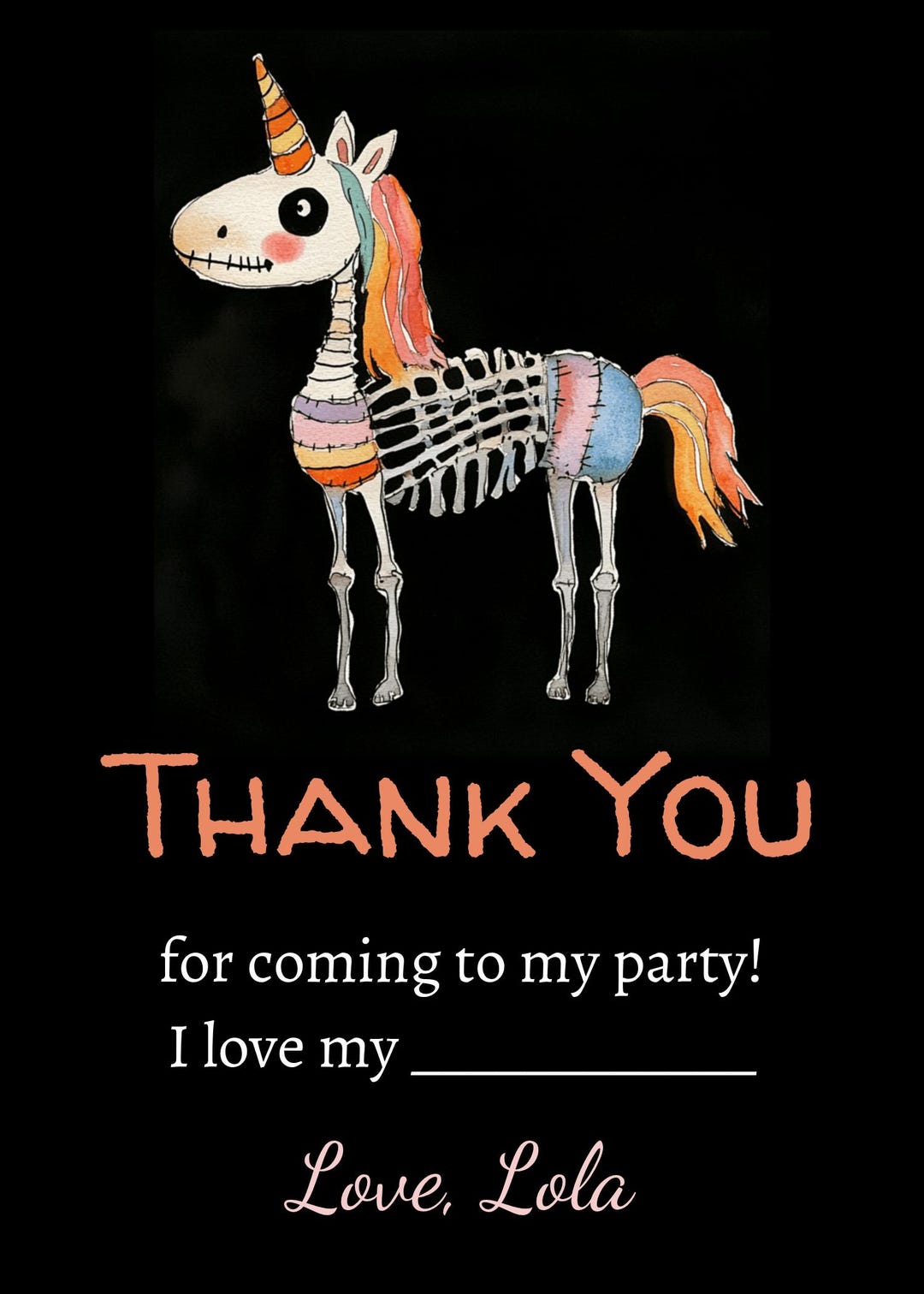 Spooky Unicorn Skeleton Halloween Kids Thank You Cards Template ...