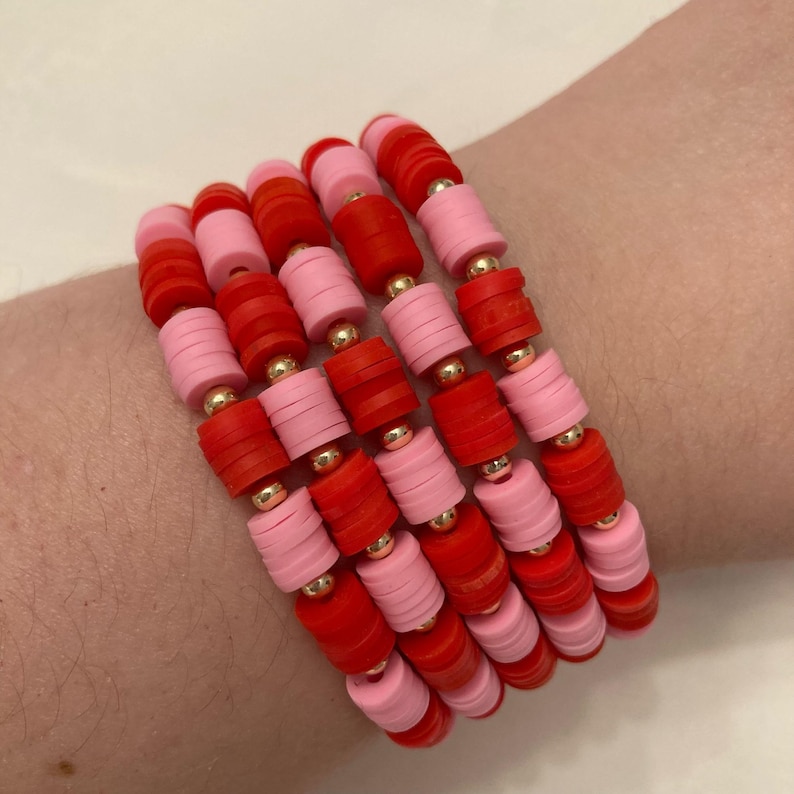 Pink and Red Valentine's Day Heishi Clay Disc Beaded Preppy Stretch ...