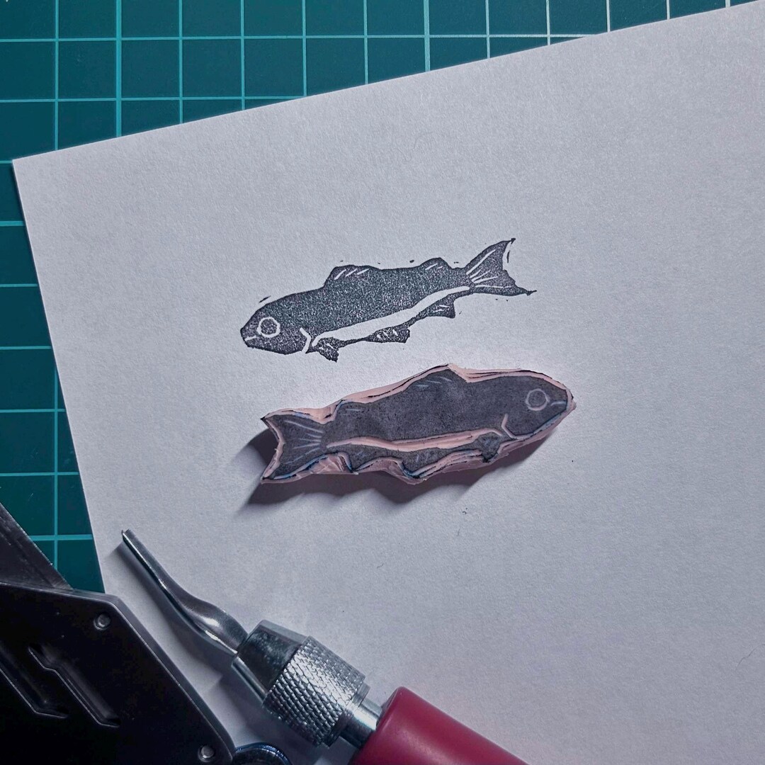 Linocut Funky Fish Stamp - Handmade Linoleum Stamp Carved Fish Stamp ...