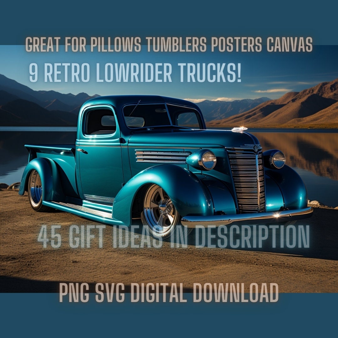 Vintage Blue Lowrider Truck PNG Bundle, Man Cave Décor: Retro Lowrider ...