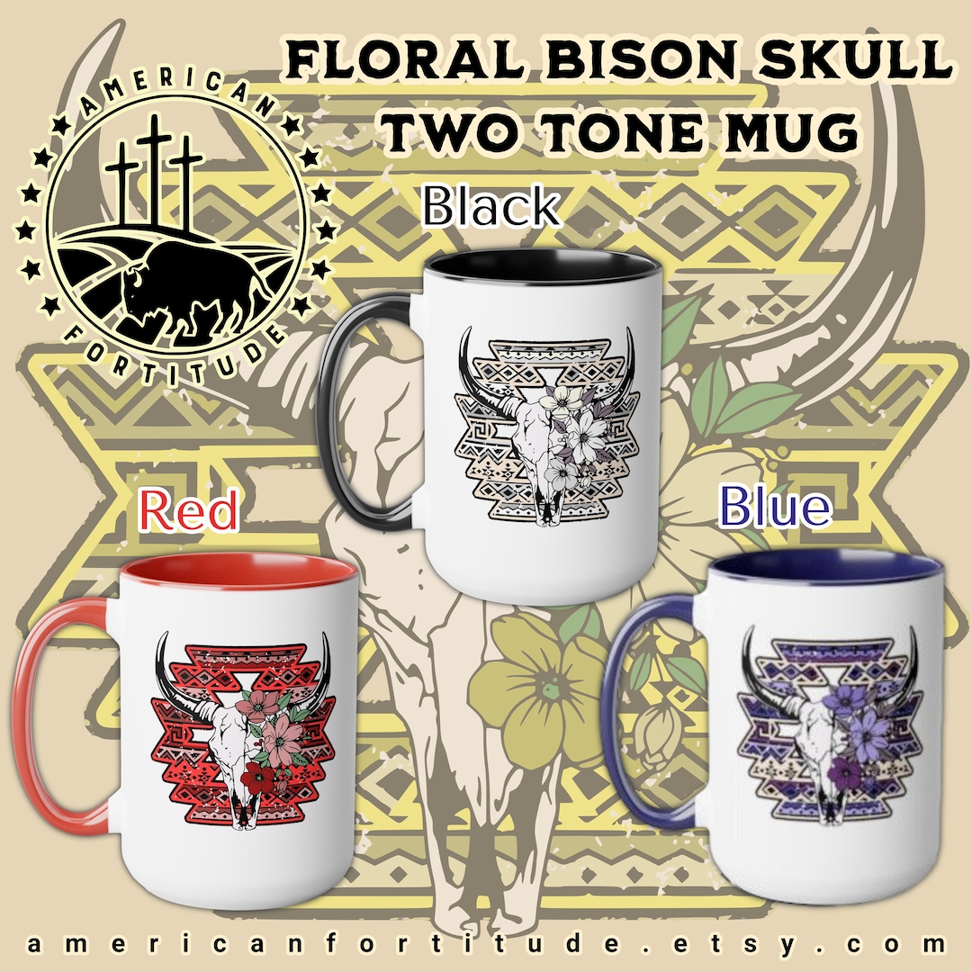 Floral Bison Skull Two Tone Coffee Mugs (3 Colors) - Etsy
