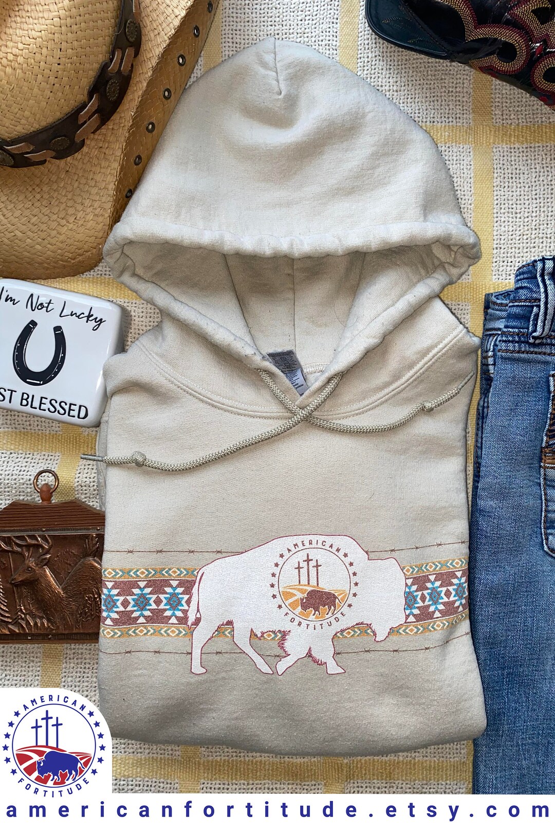 Bison Aztek Western Print Hoodie. - Etsy
