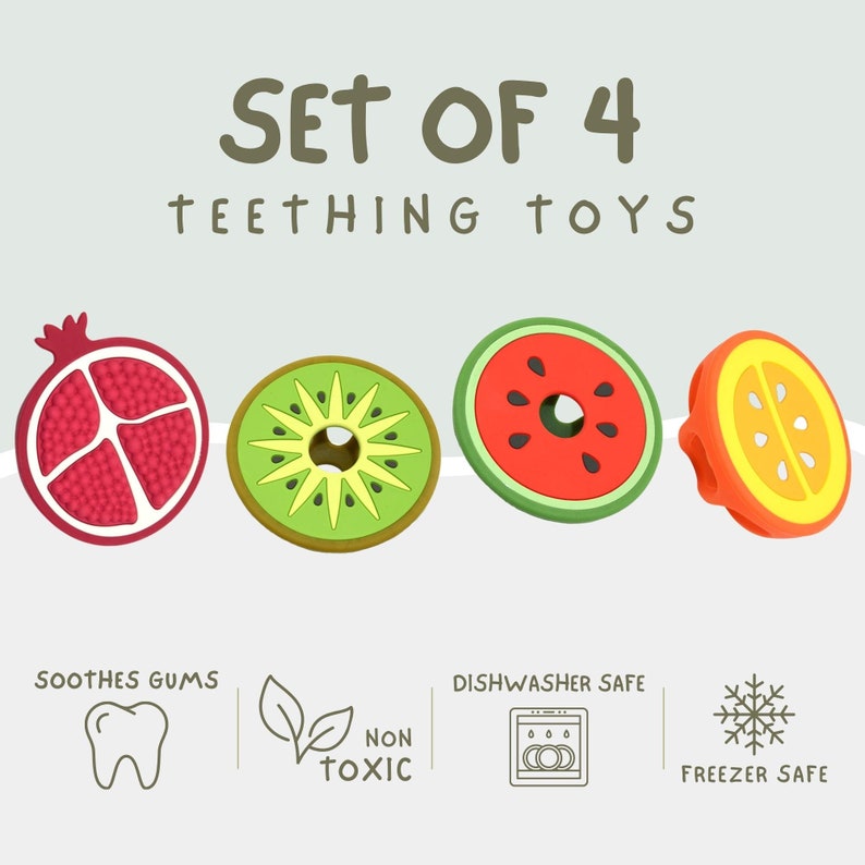 Set of 4 Fruit Shaped Teethers, BPA Free Non Toxic, Teething Toy, Baby ...