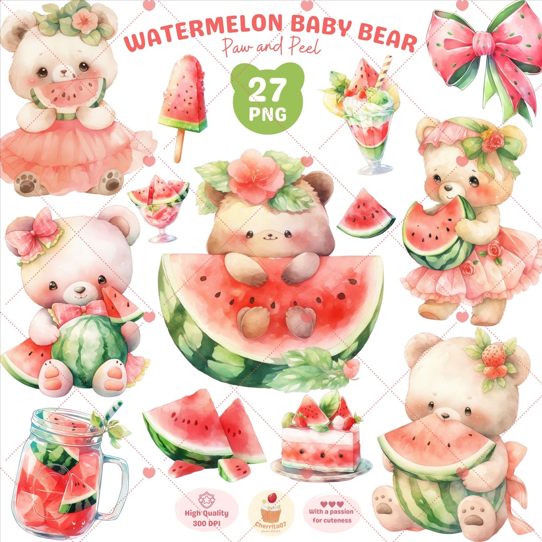 Watermelon Baby Bear Clipart, Teddy Bear Png, Baby Animal, Watermelon ...