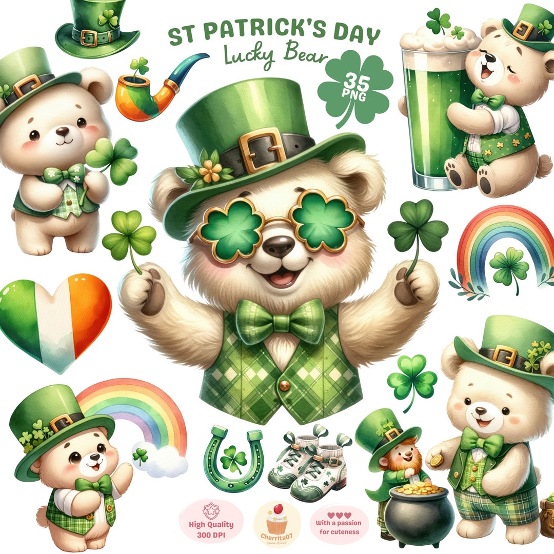 St Patrick's Day Lucky Bear Clipart, St Patrick PNG, Irish Teddy Bear ...
