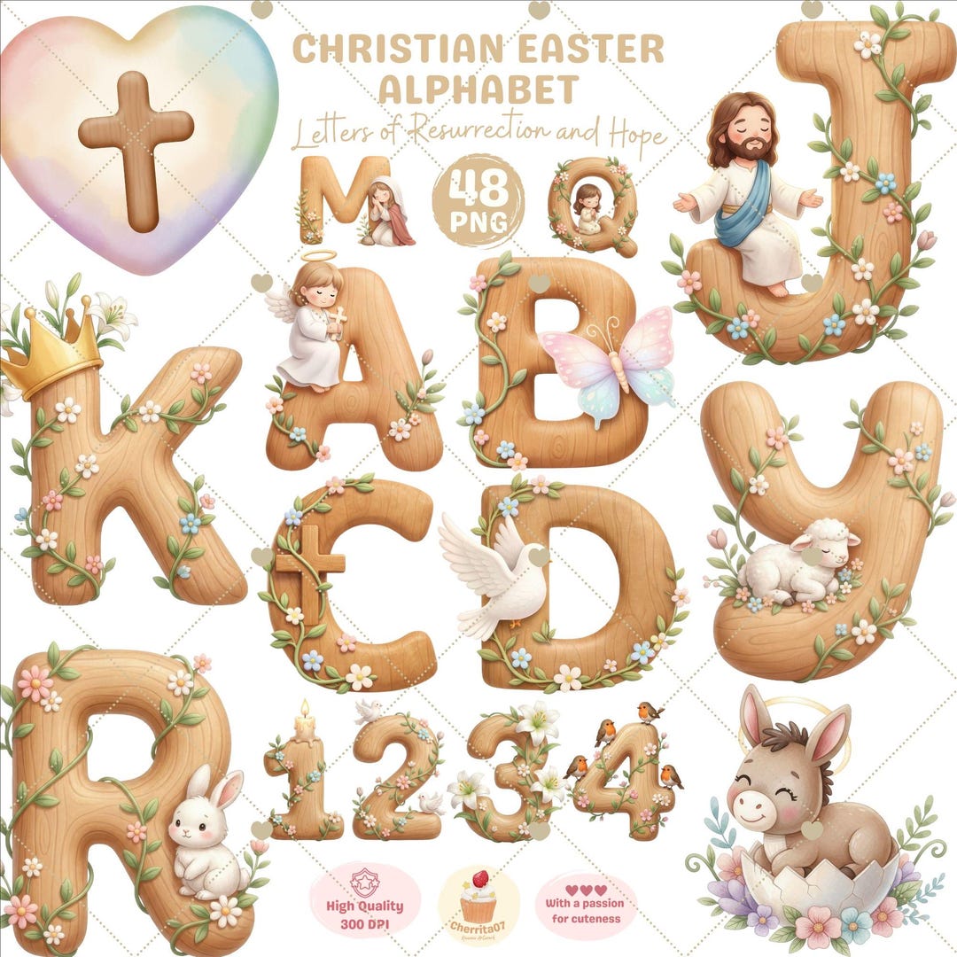 Christian Easter Alphabet Clipart, Religious Wooden Letters & Numbers ...