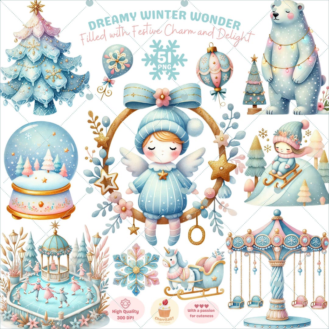 Dreamy Winter Wonder Clipart, Pastel Winter Clipart, Christmas Clipart ...