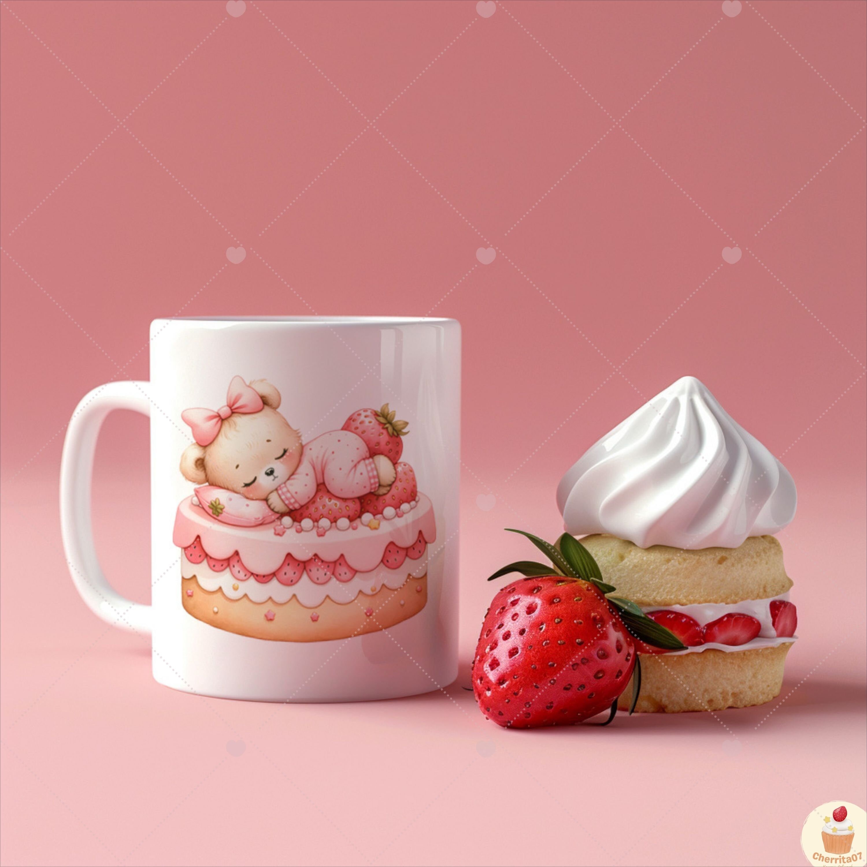 Cute Baby Bear Girl Clipart, Baby Bear Png, Strawberry Dessert Png ...