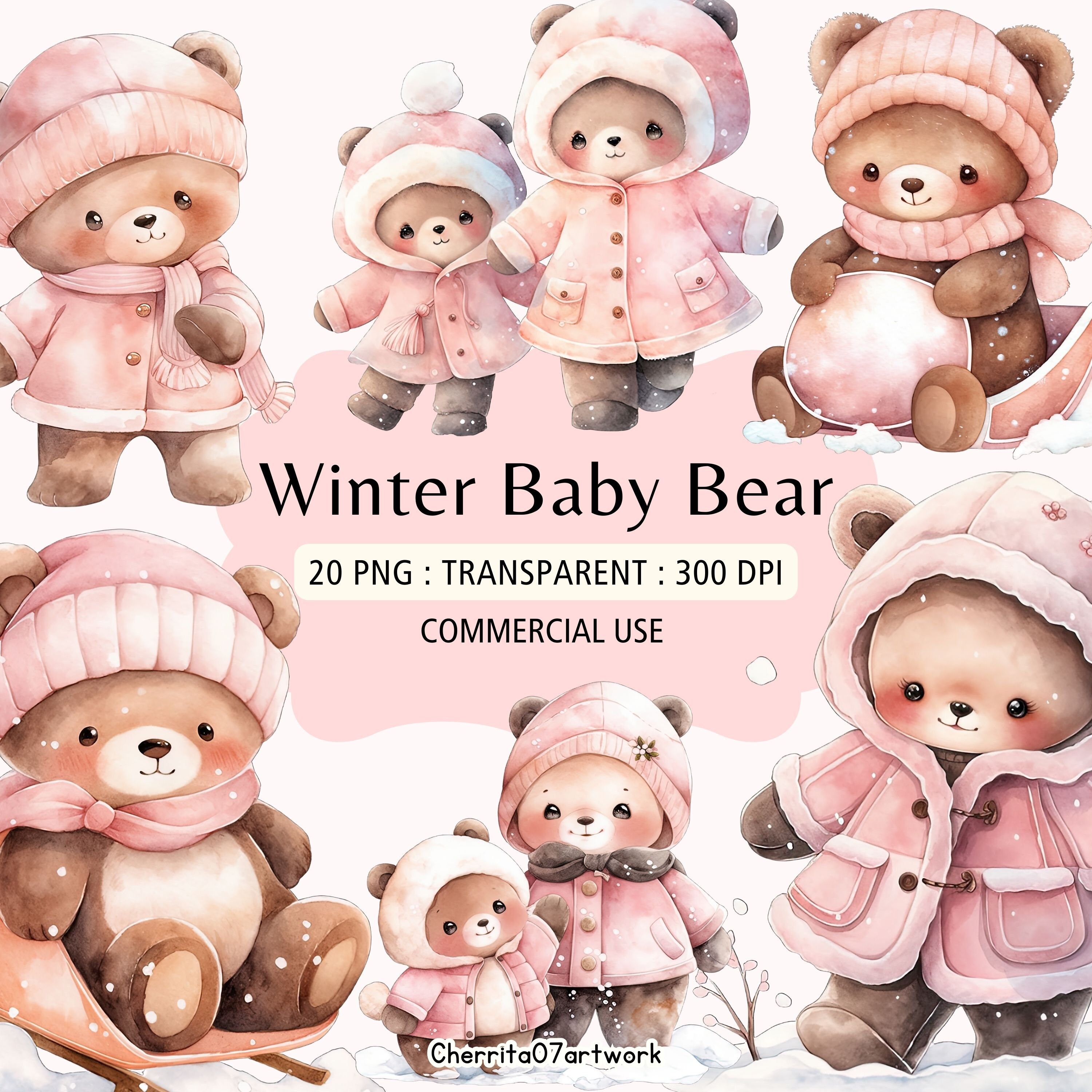 Baby Bear Clipart, Watercolor Teddy Bear PNG, Animal Clipart, Pink ...