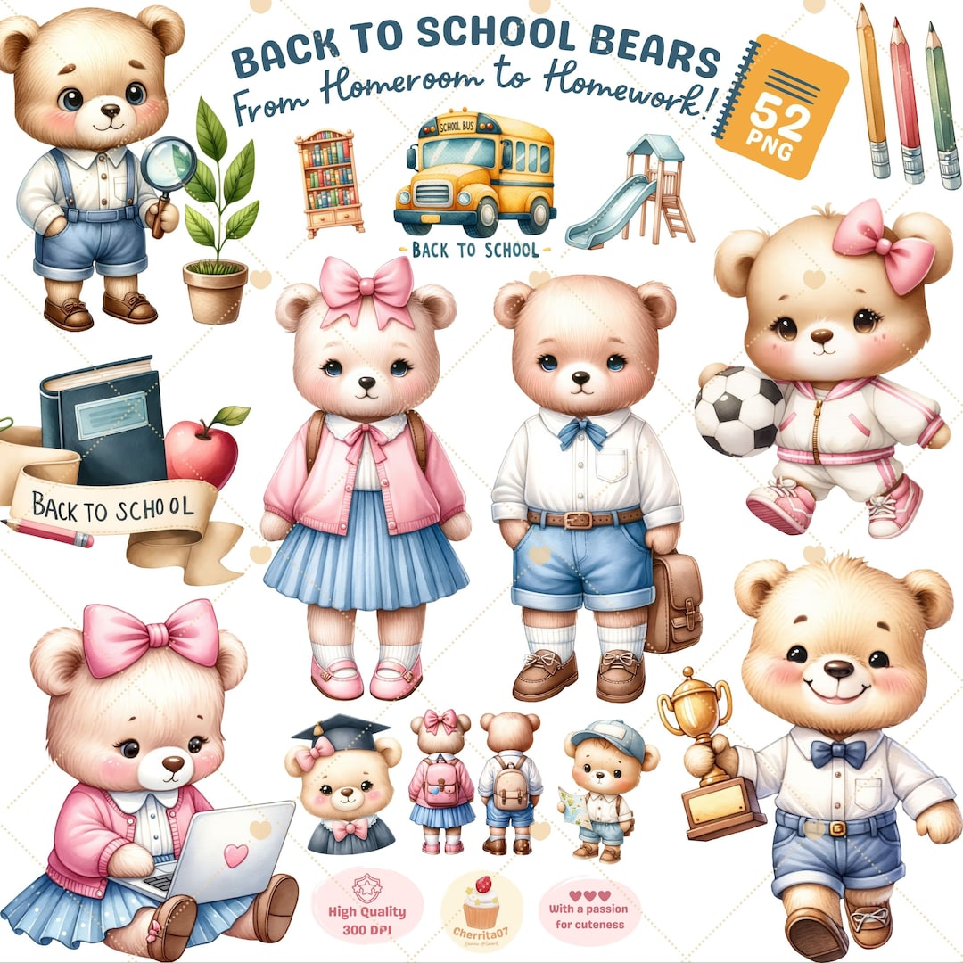 Back to School Clipart, School Bear Png, Baby Bear Png, School Supplies ...
