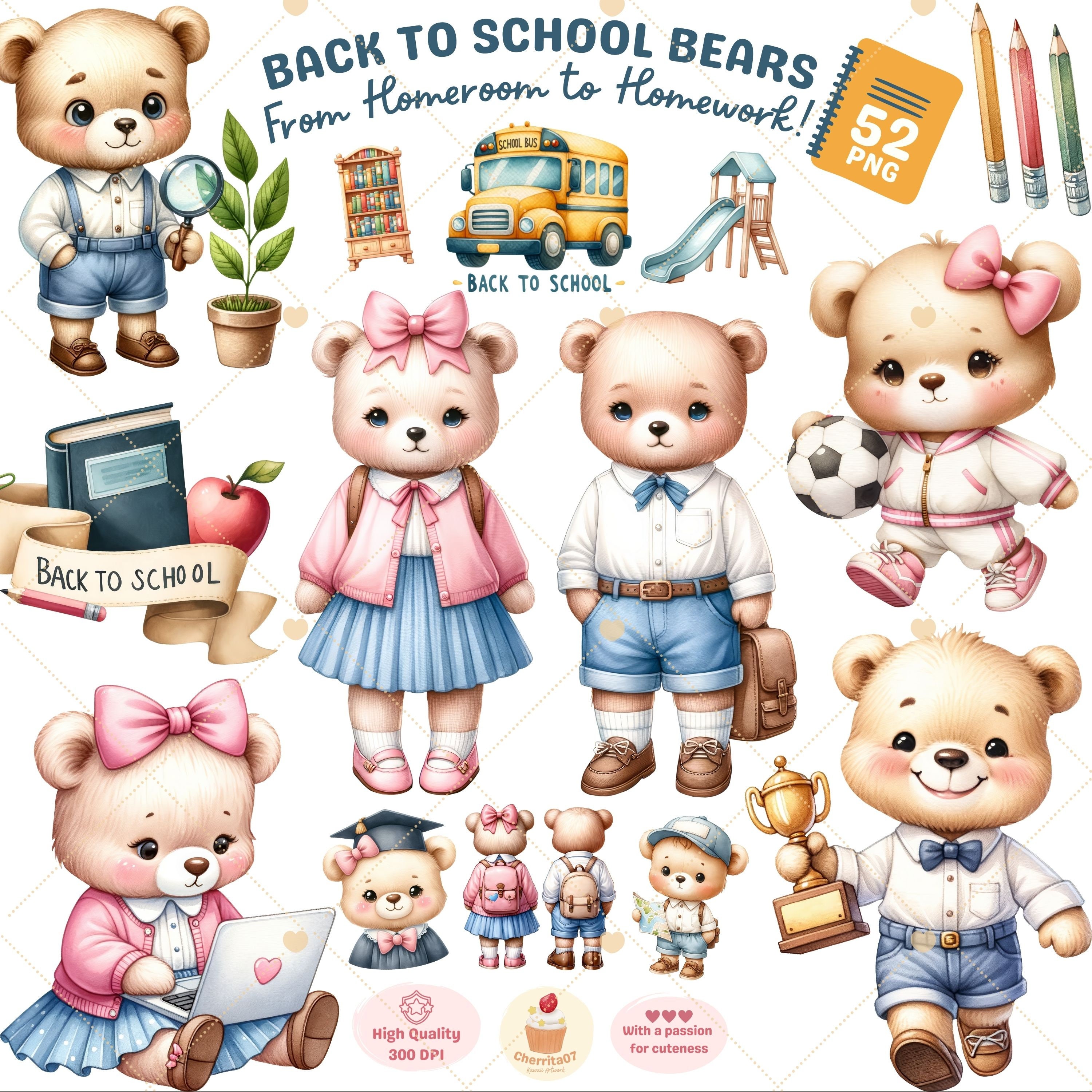 Back to School Clipart, School Bear Png, Baby Bear Png, School Supplies ...