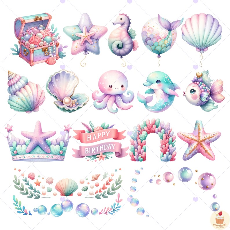 Mermaid Birthday Clipart, Cute Mermaid PNG, Girl Birthday Clipart, Baby ...