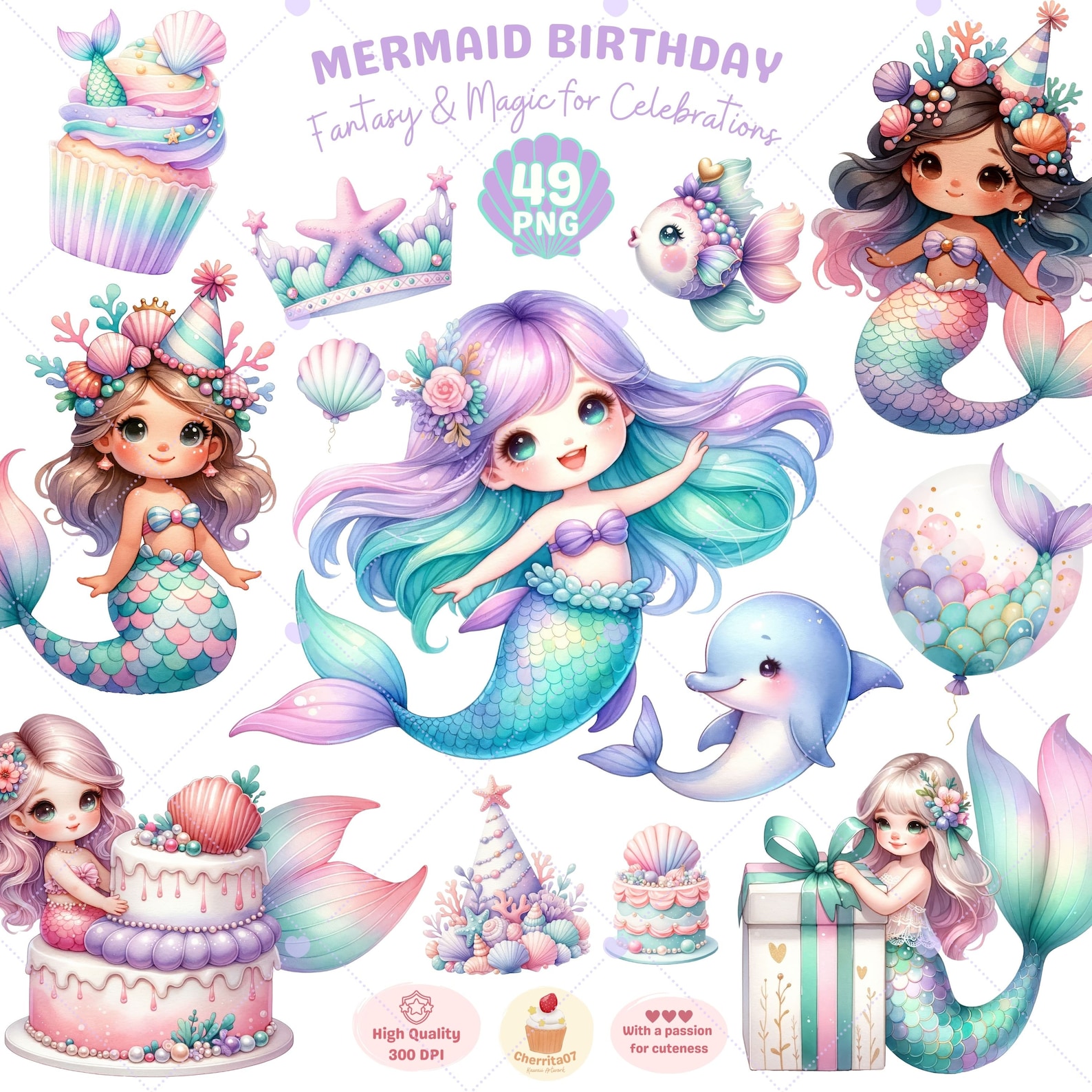 Mermaid Birthday Clipart, Cute Mermaid PNG, Girl Birthday Clipart, Baby ...