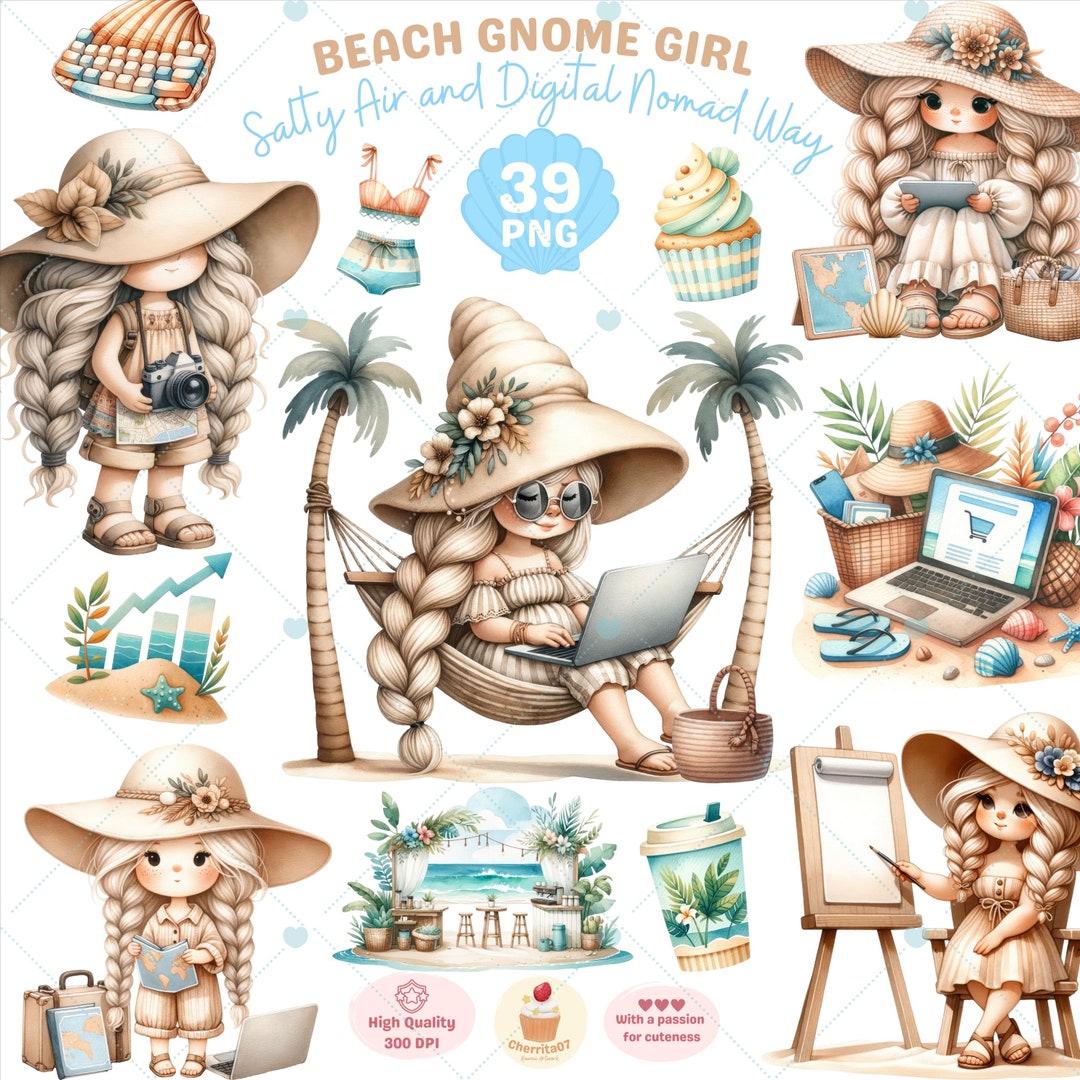 Beach Gnome Girl Clipart, Summer Gnome Clipart, Beach Png, Digital ...