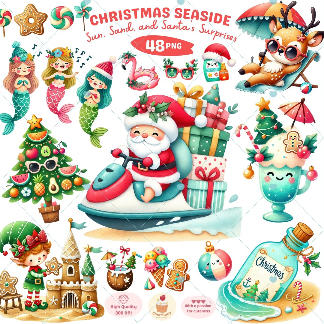 Christmas Seaside Clipart, Christmas in July Png, Summer Holiday ...