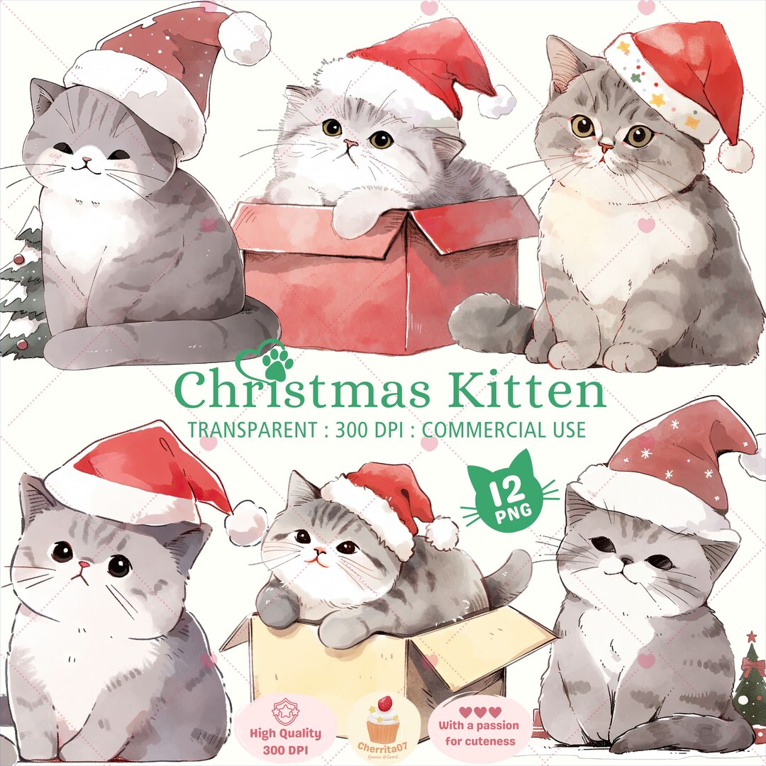 Christmas Cat Clipart, 12 Kitten Clipart, Watercolor Transparent PNG ...