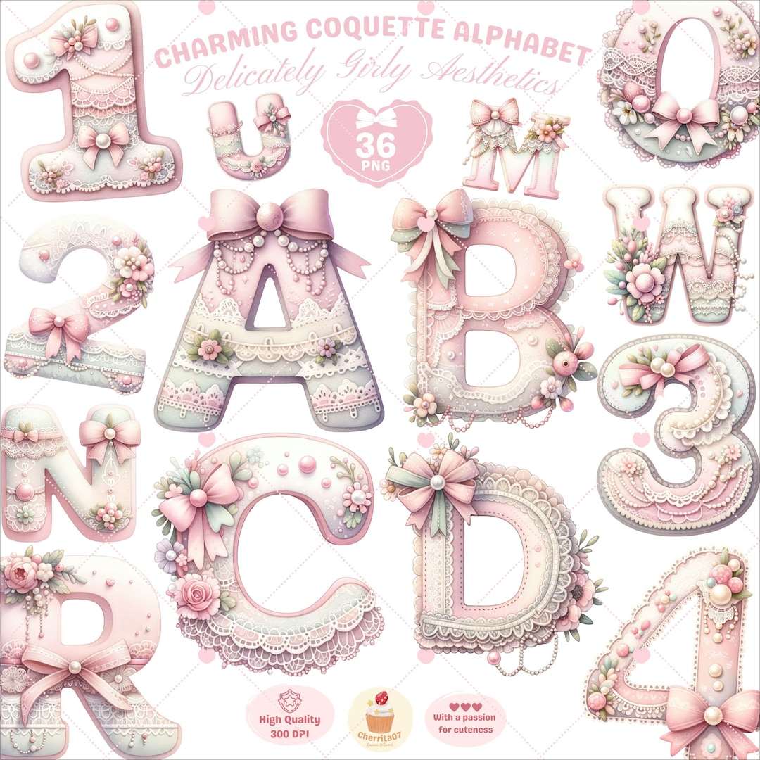 Coquette Alphabet Clipart, Coquette Png, Watercolor Alphabet, Pink ...