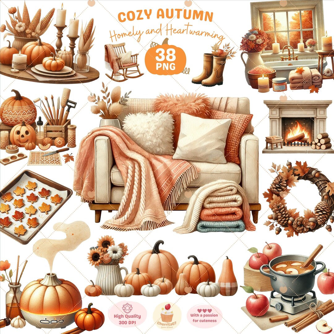 Cozy Autumn Clipart, Fall Png, Pumpkin Png, Harvest Clipart, Rustic ...