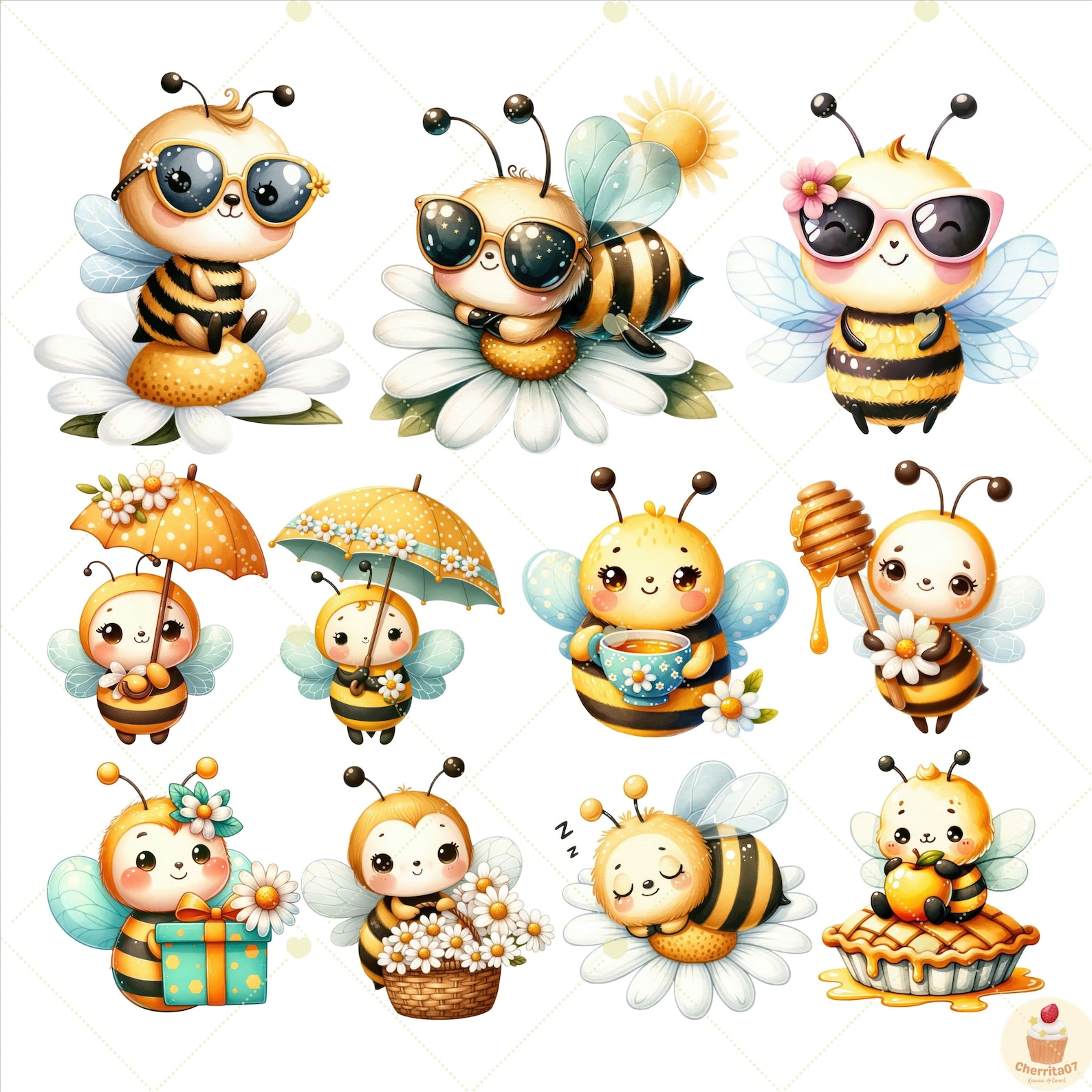 Honey Bee Clipart, Bee and Daisies PNG, Daisy Floral PNG, Watercolor ...