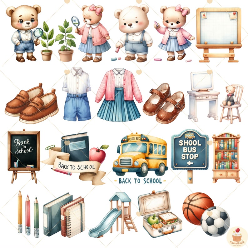 Back to School Clipart, School Bear Png, Baby Bear Png, School Supplies ...