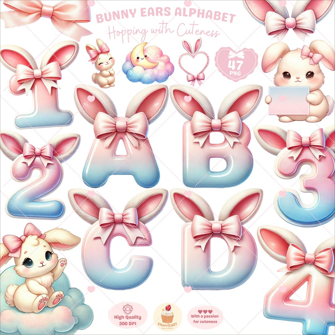 Bunny Ears Alphabet Clipart, Easter Letters Png, Pastel Pink Blue ...