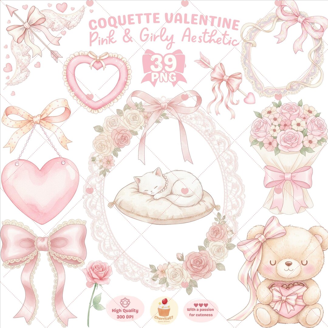 Pink Valentine Clipart, Coquette Bows Hearts Frames for Planner ...