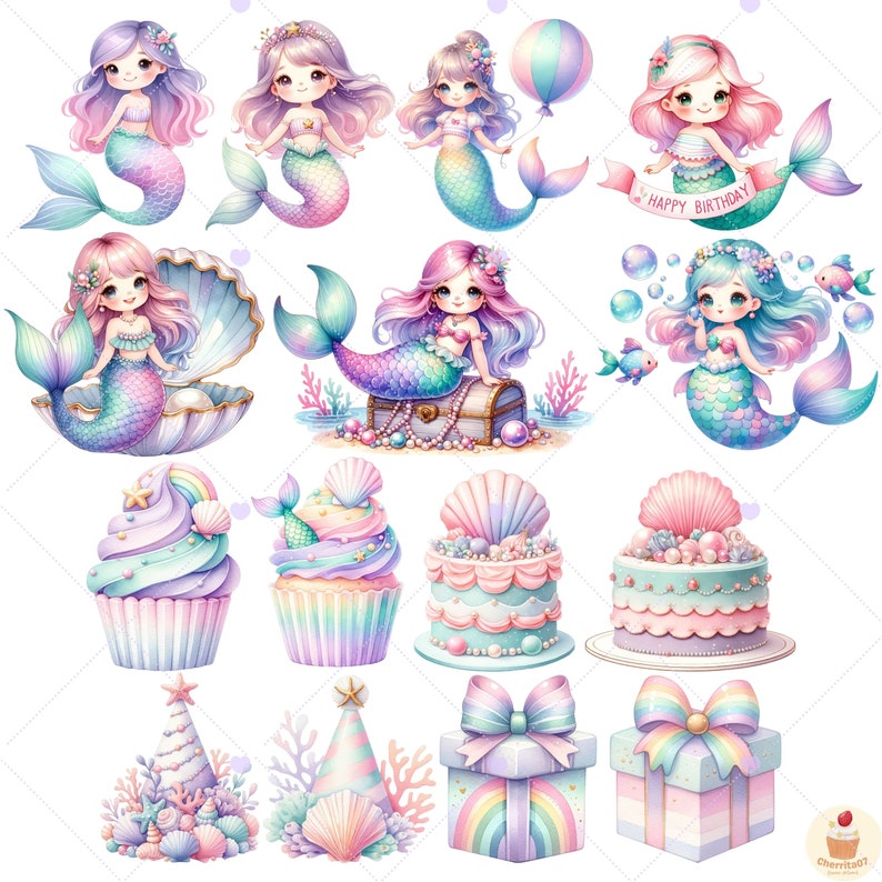 Mermaid Birthday Clipart, Cute Mermaid PNG, Girl Birthday Clipart, Baby ...