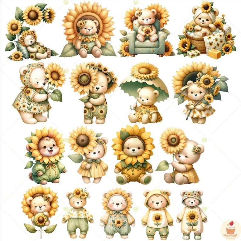Sunflower Baby Bear Clipart, Mama Bear PNG, Cute Teddy Bear, Spring ...
