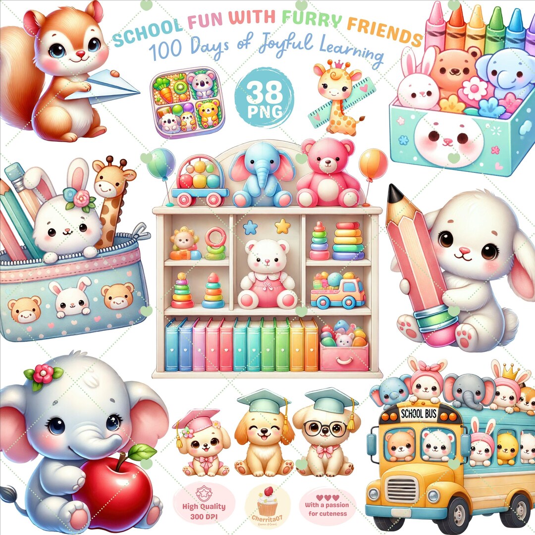 School Animals Clipart, 100 Days of School Png, School Day Clipart ...