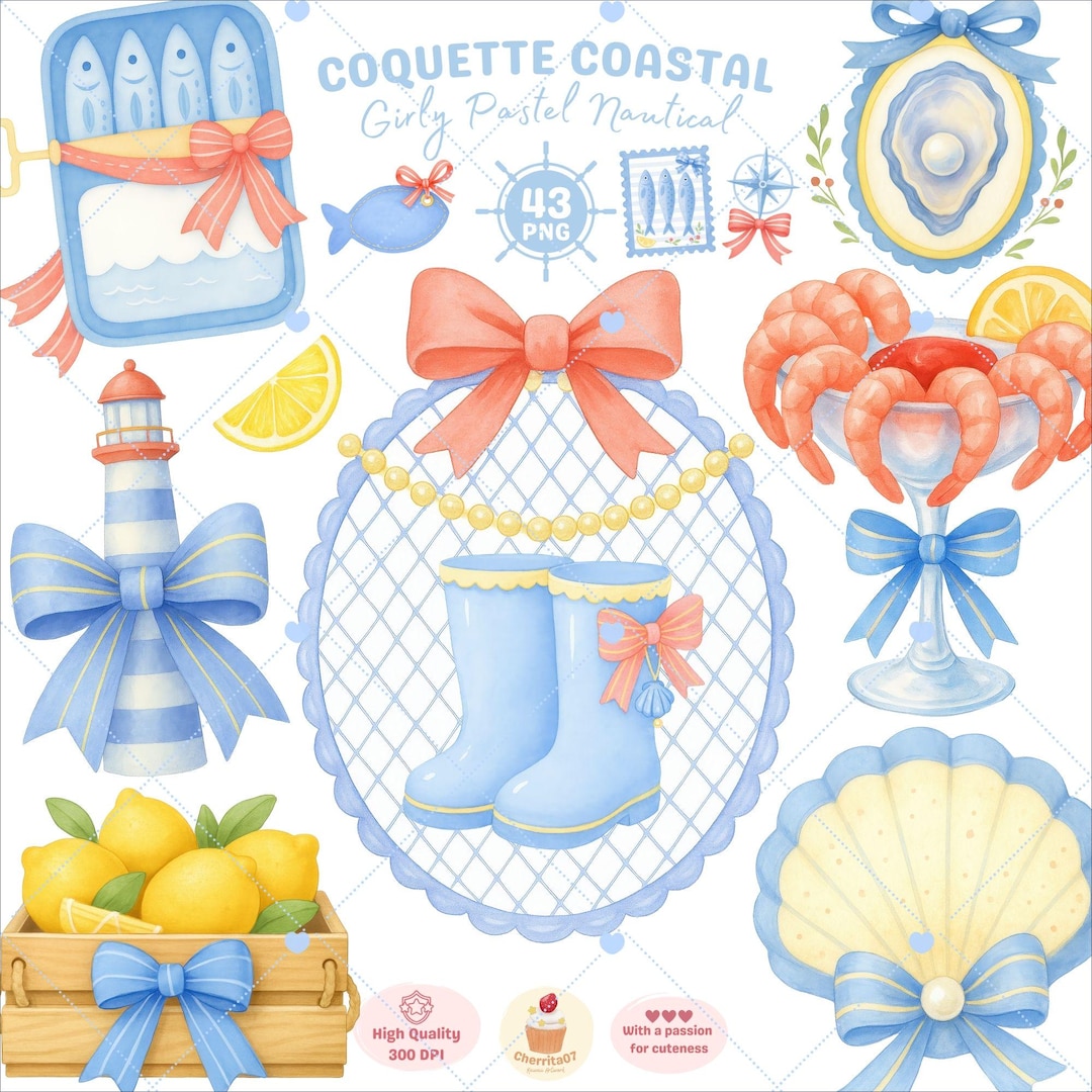 Coquette Coastal Clipart: Watercolor Nautical PNG Set (commercial Use ...