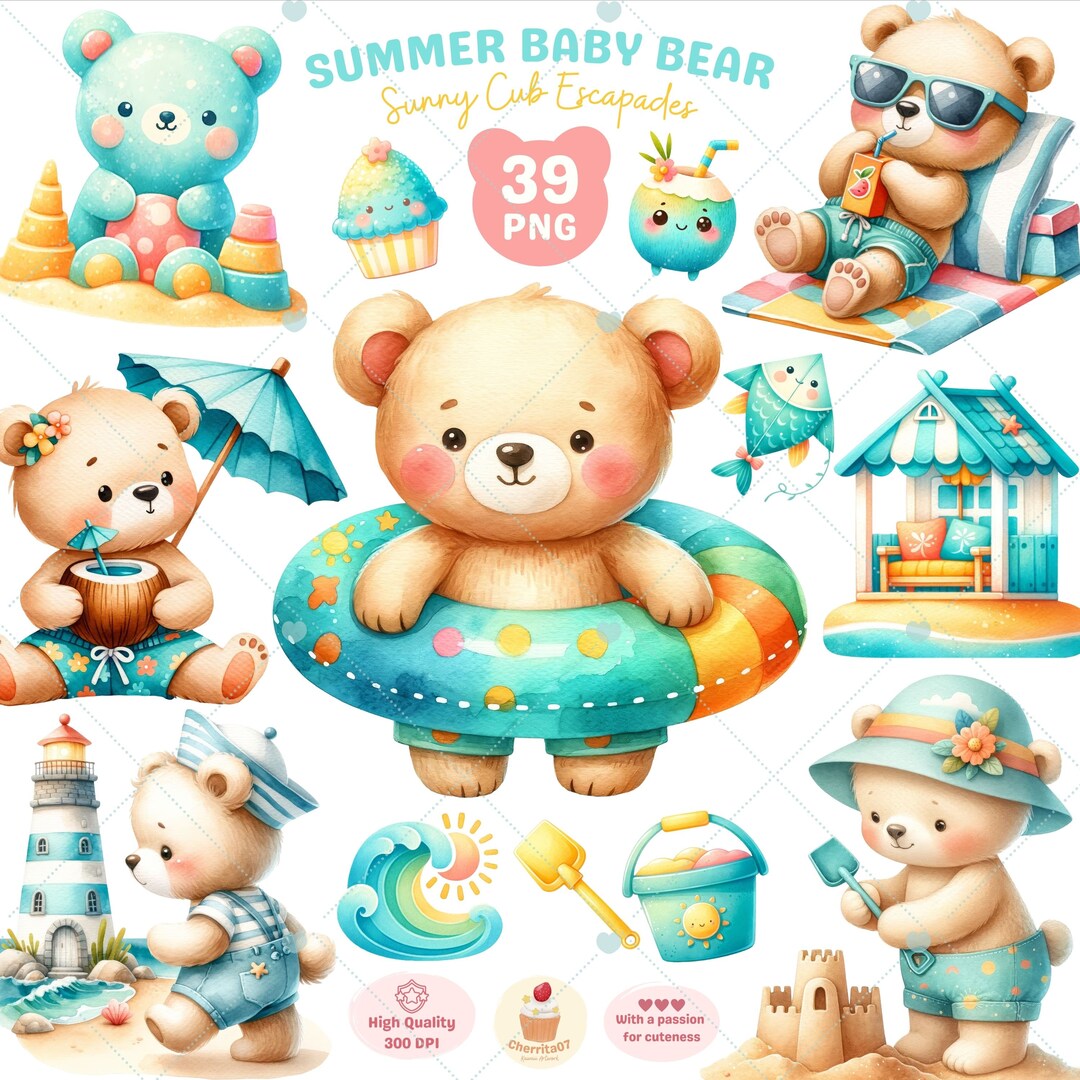 Beach Baby Bear Clipart, Baby Bear Png, Beach Baby Shower, Blue Teddy ...