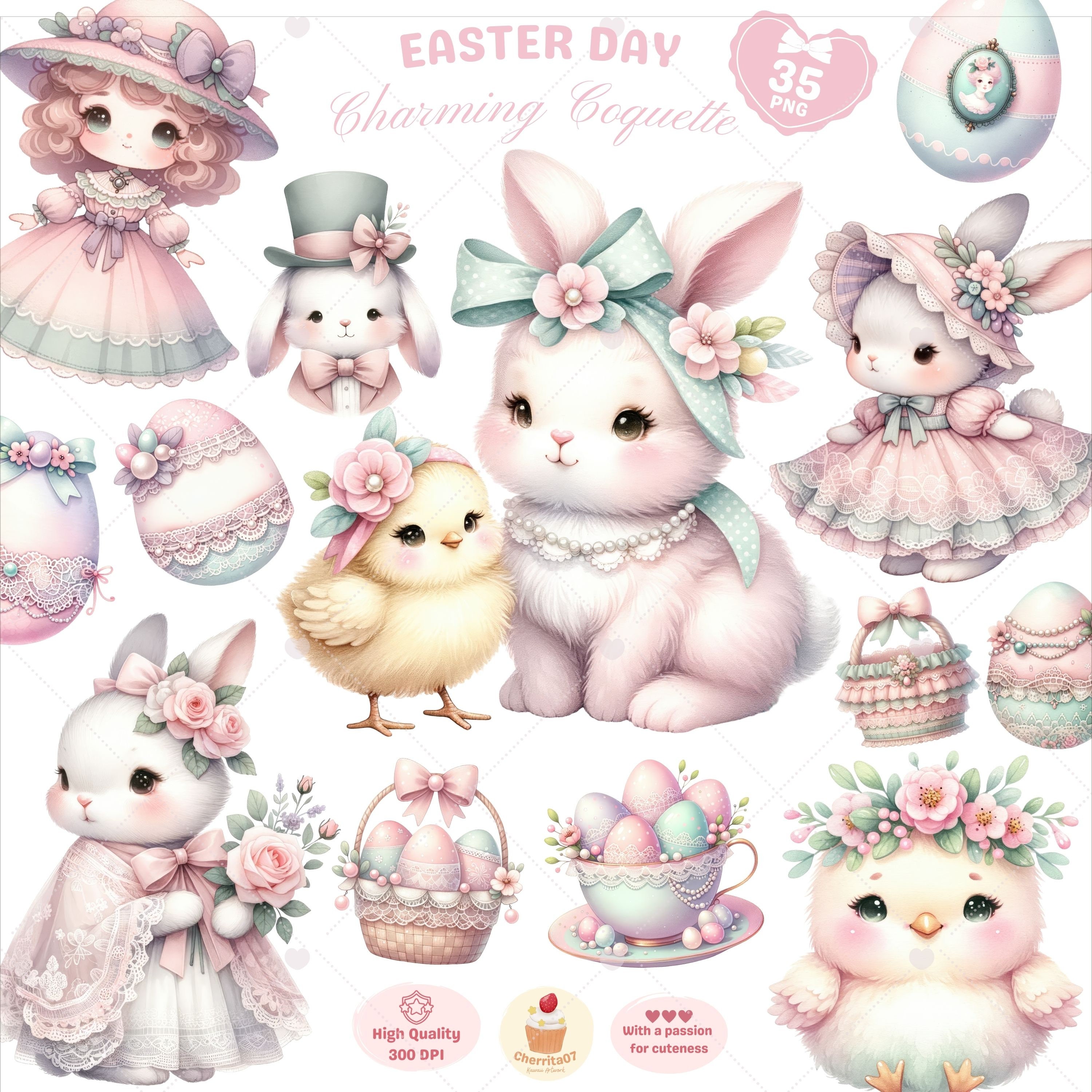 Easter Day Clipart, Charming Coquette Clipart, Easter Bunny PNG, Easter ...