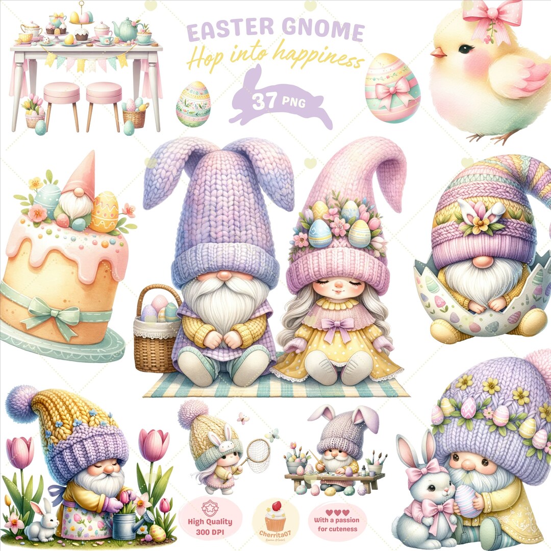 Easter Gnome Clipart, Spring Gnome PNG, Watercolor Easter, Card Making ...