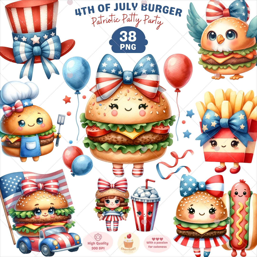 4th of July Burger Clipart, Watercolor Patriotic Png, Burger Clip Art ...