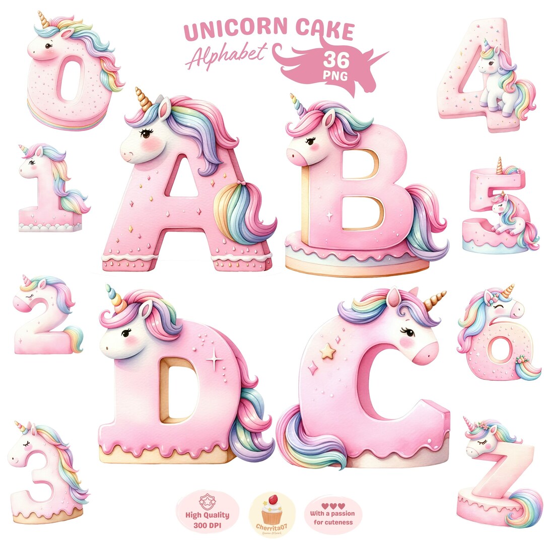 Unicorn Alphabet Clipart, Cake Letter PNG, Unicorn Clipart, Alphabet ...