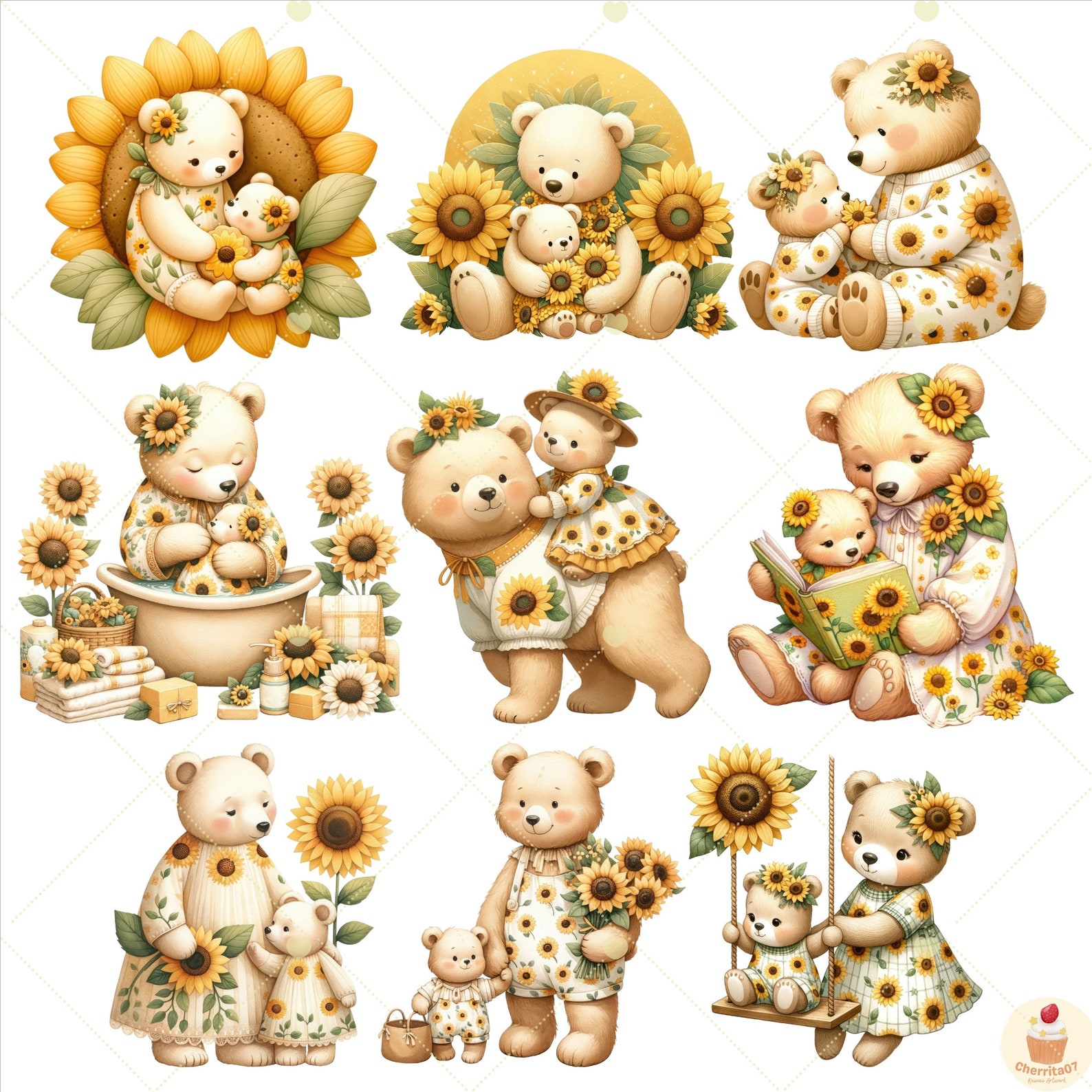 Sunflower Baby Bear Clipart, Mama Bear PNG, Cute Teddy Bear, Spring ...