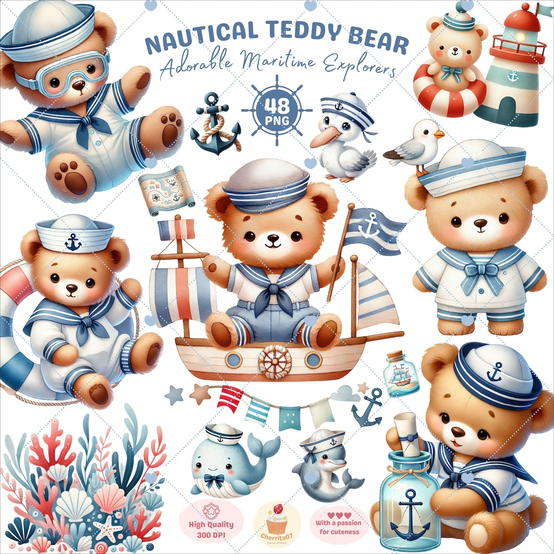 Nautical Teddy Bear Clipart: Baby Sailor PNG, Maritime Nursery (48 PNG ...