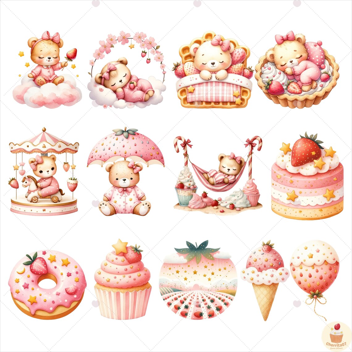 Cute Baby Bear Girl Clipart, Baby Bear Png, Strawberry Dessert Png ...