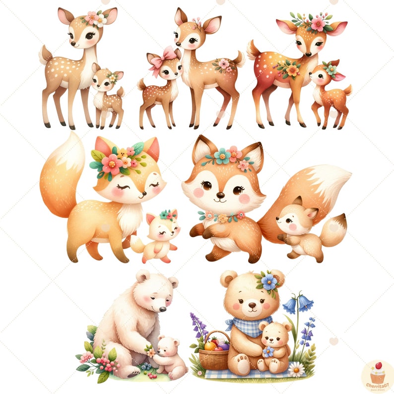Mama and Baby Animal Clipart, Cute Woodland Animals PNG, Mother's Day ...