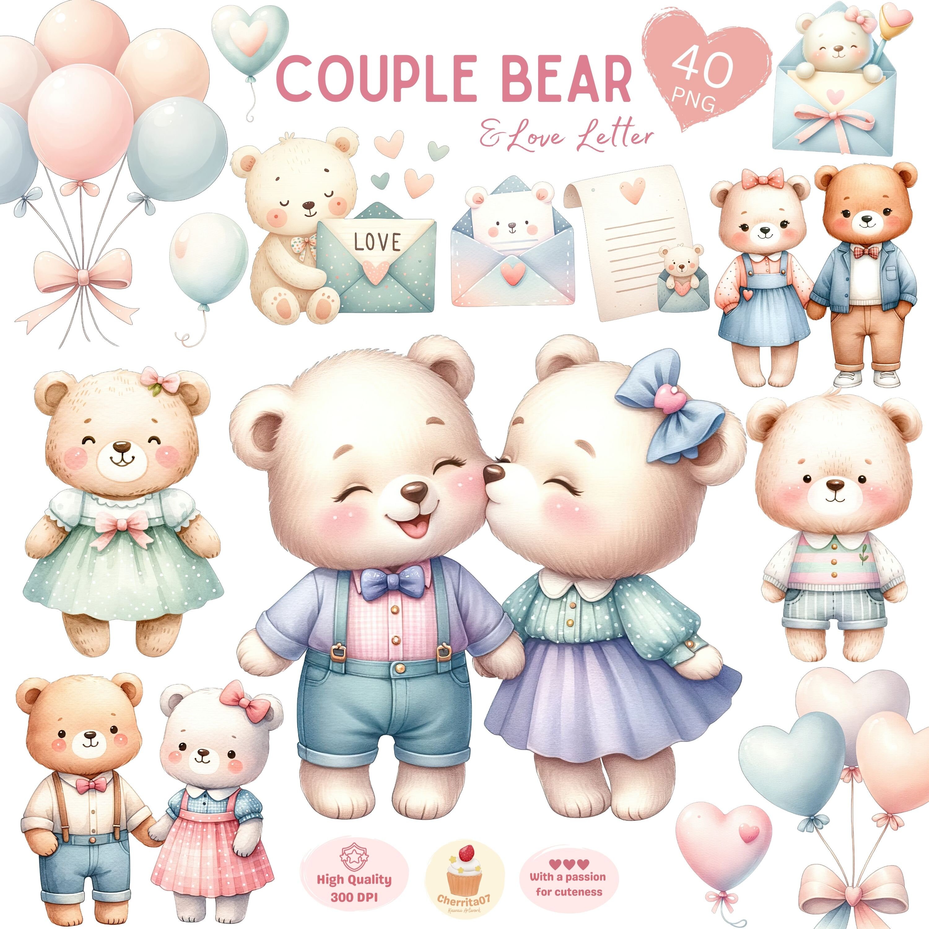 Couple Bear Clipart, Love Letter PNG, Valentines Day Clipart, Romantic ...