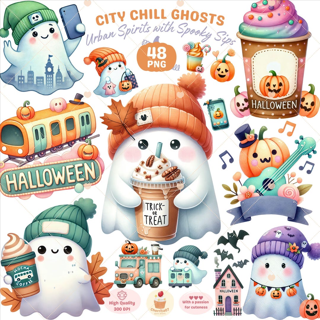 Cute Ghosts Clipart, Halloween Png, Spooky Vibes Png, Retro Halloween ...