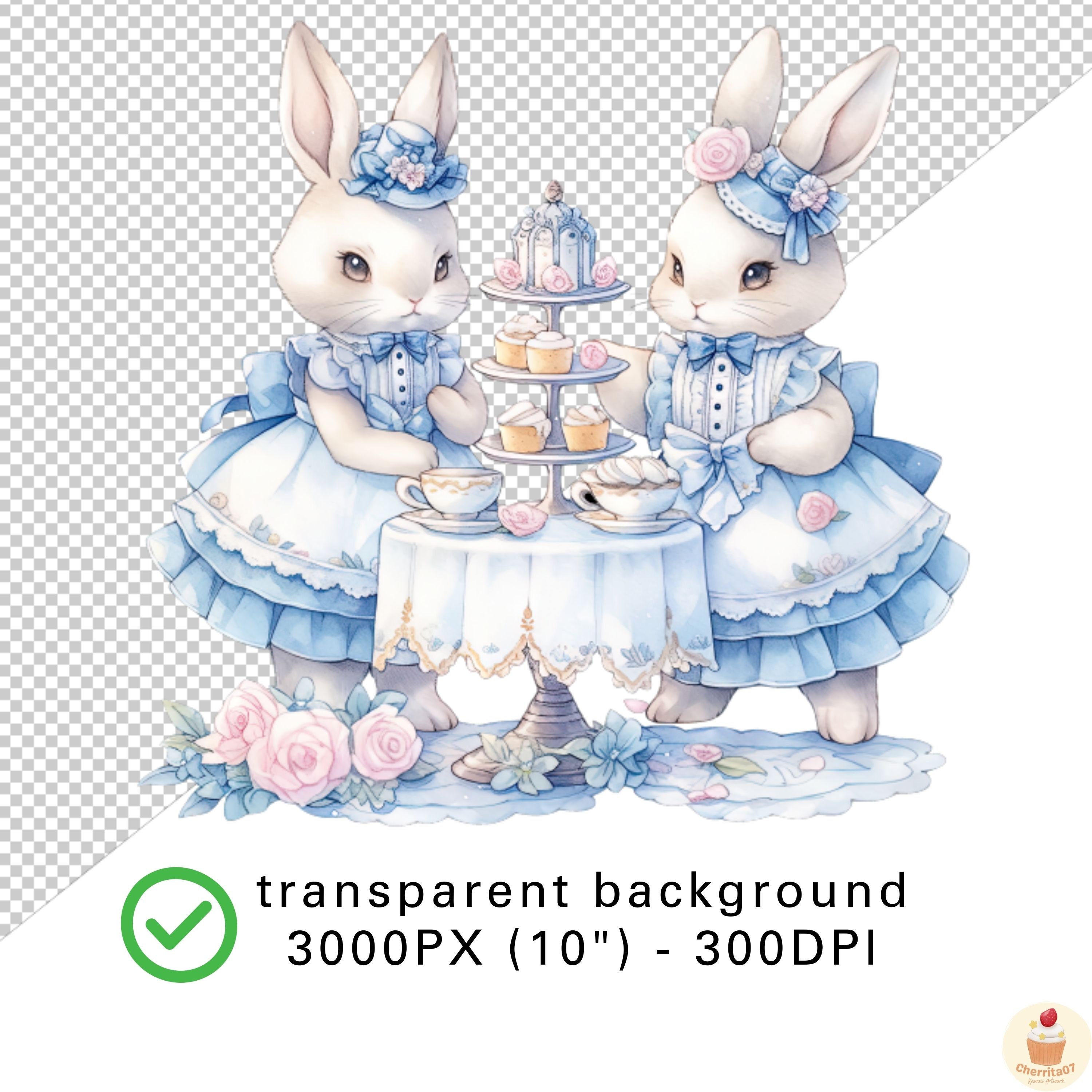 Bunny Tea Party Clipart, Spring Bunnies, Watercolor Easter Rabbit PNG ...