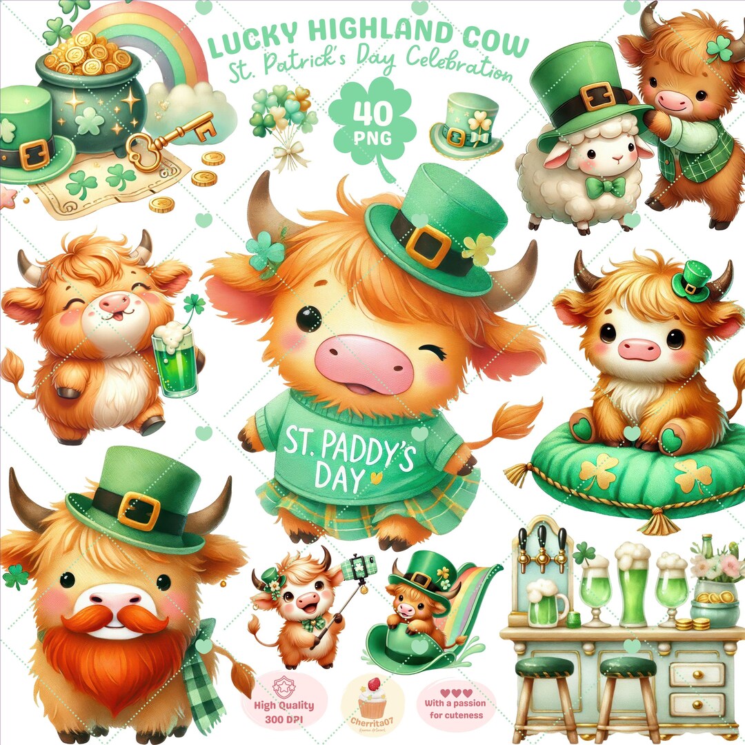 Highland Cow Clipart, St Patricks Day Png, Cute Cow Clipart, Green ...