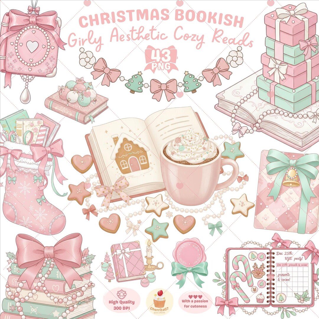Christmas Bookish Clipart, Girly Cozy Holiday Reading (43 PNG ...