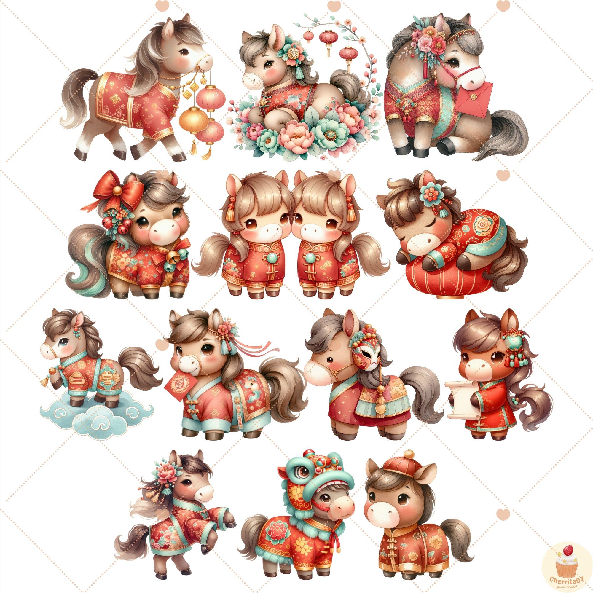 Lunar New Year Horse Clipart, Cute Chinese Zodiac Animal PNG Bundle for ...
